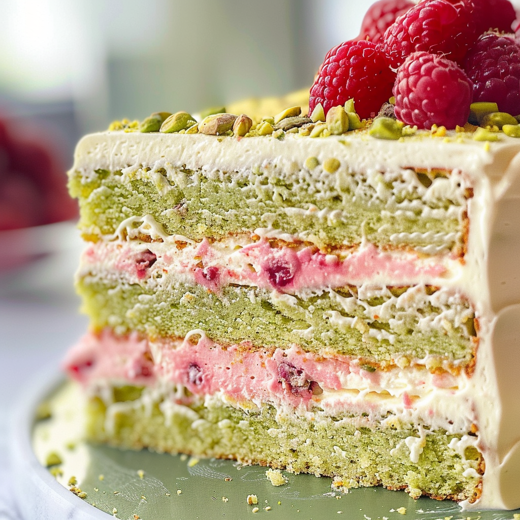 Amazing Pistachio Cake with Raspberry Filling and French Buttercream