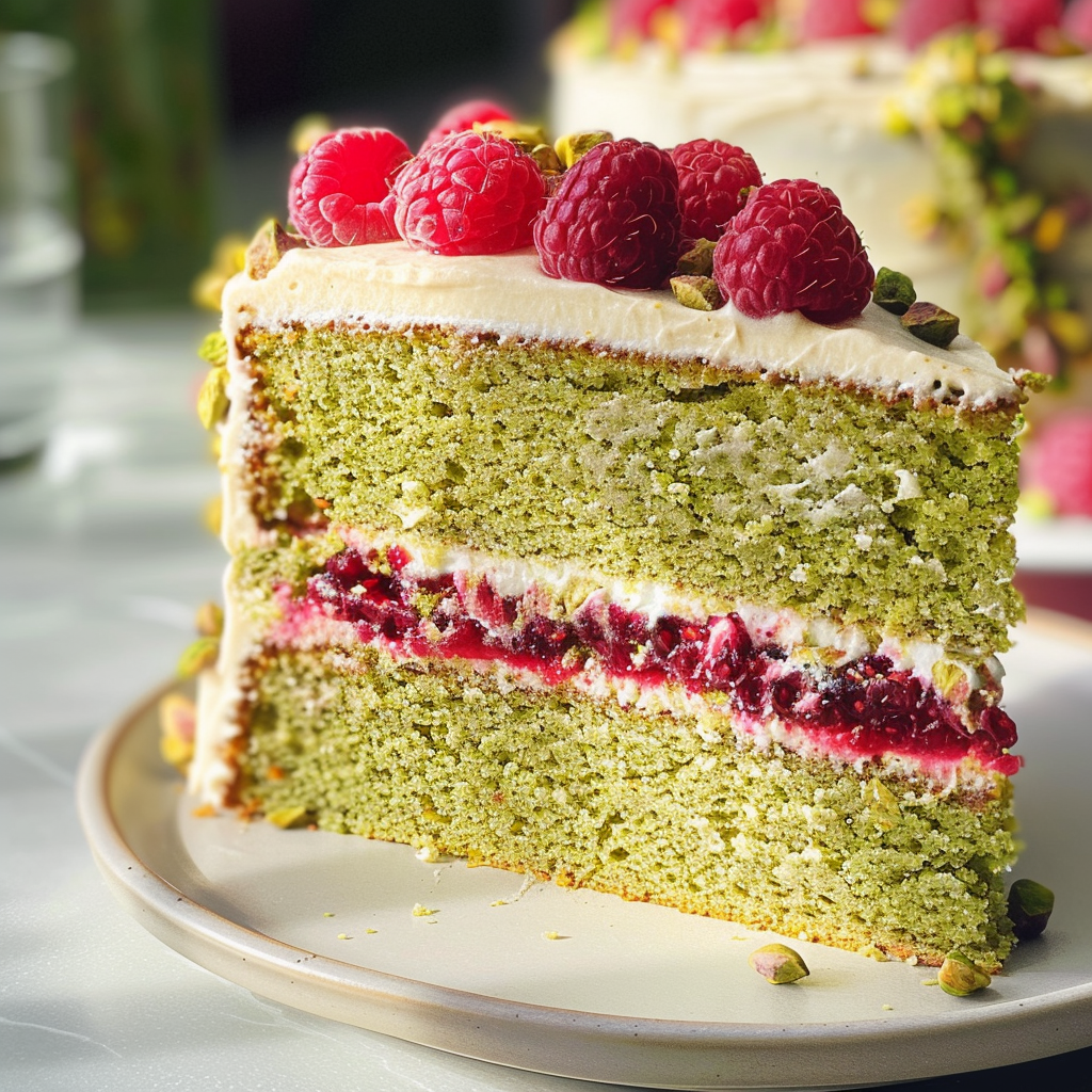 Amazing Pistachio Cake with Raspberry Filling and French Buttercream